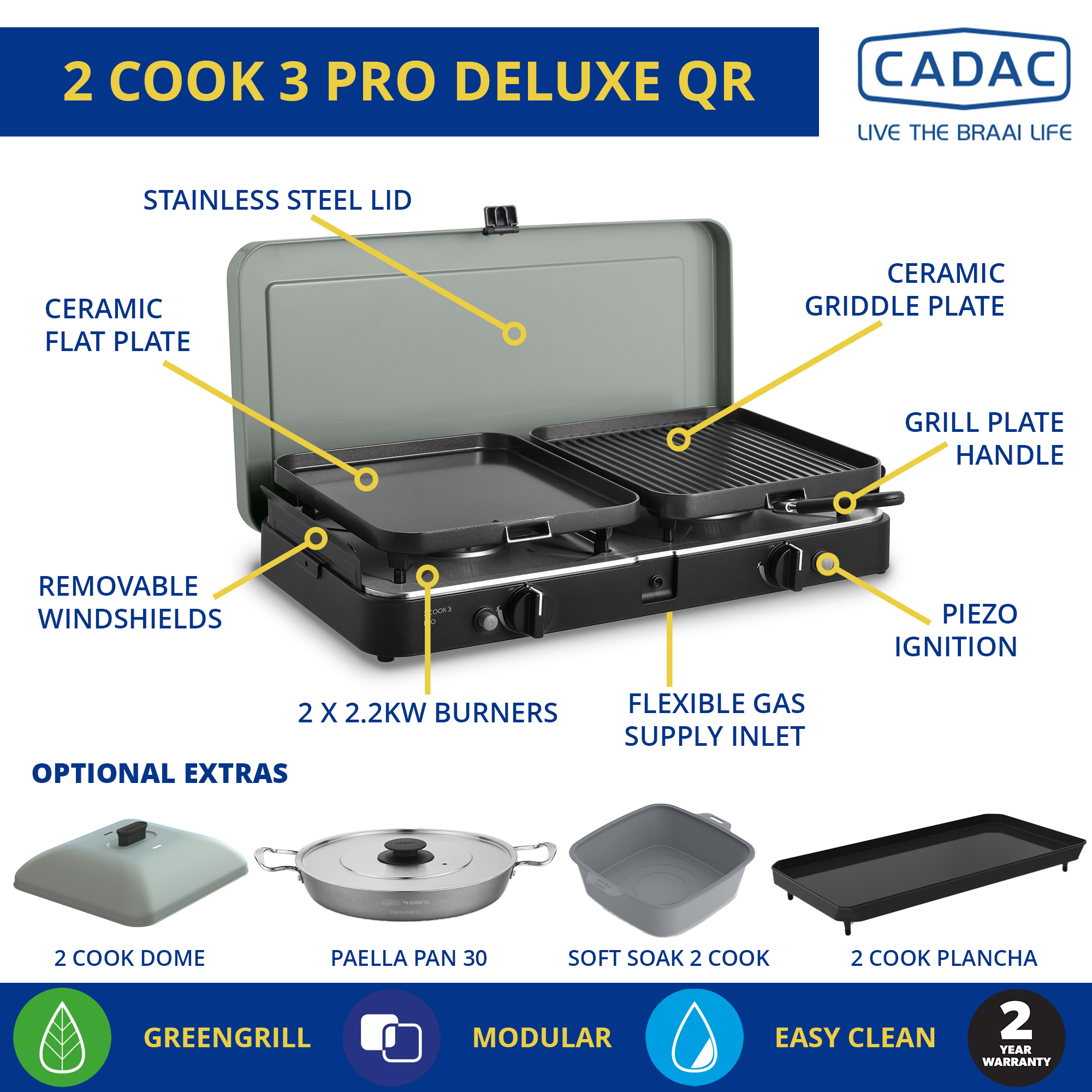 Cadac 2 Cook 3 Pro Deluxe QR Portable Gas Stove - Golden Castle